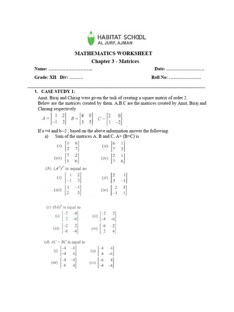 G12 - Chapter 3 - Worksheet2 (Case Study) | PDF