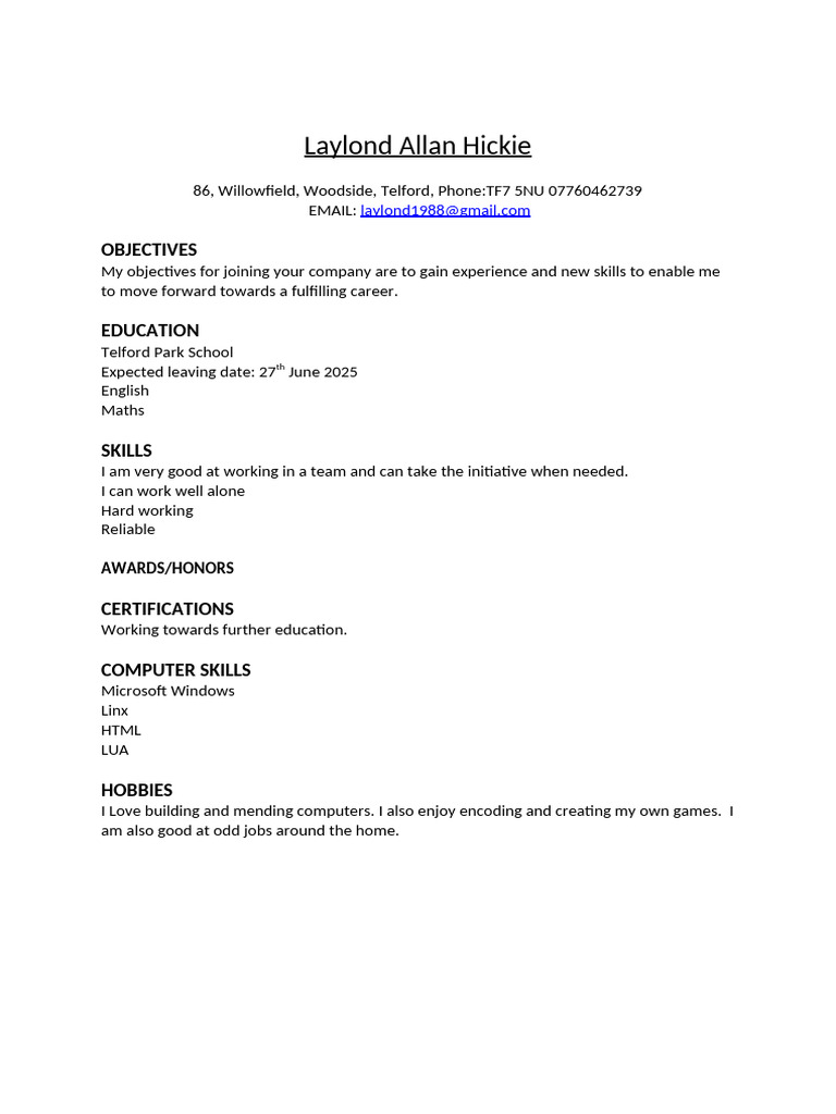 Laylond Allan Hickie CV | PDF