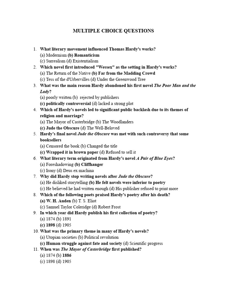 MCQs on The Mayor of Casterbridge | PDF | Thomas Hardy