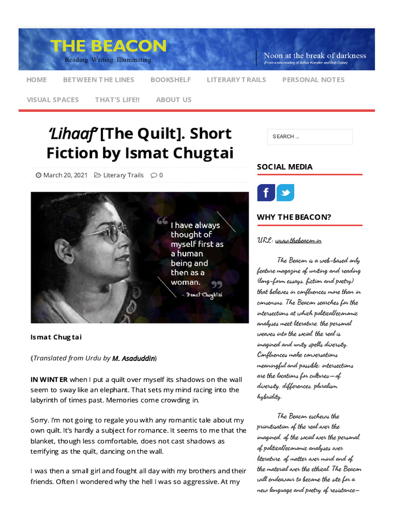 ‘Lihaaf’ [The Quilt]. Short Fiction by Ismat Chugtai _ The Beacon Webzine | PDF