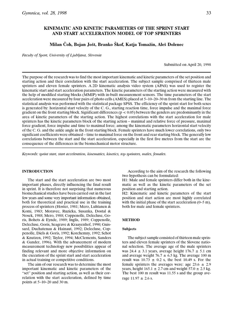 Kinematic and Kinetic Parameters of The Sprint Start and Start ...