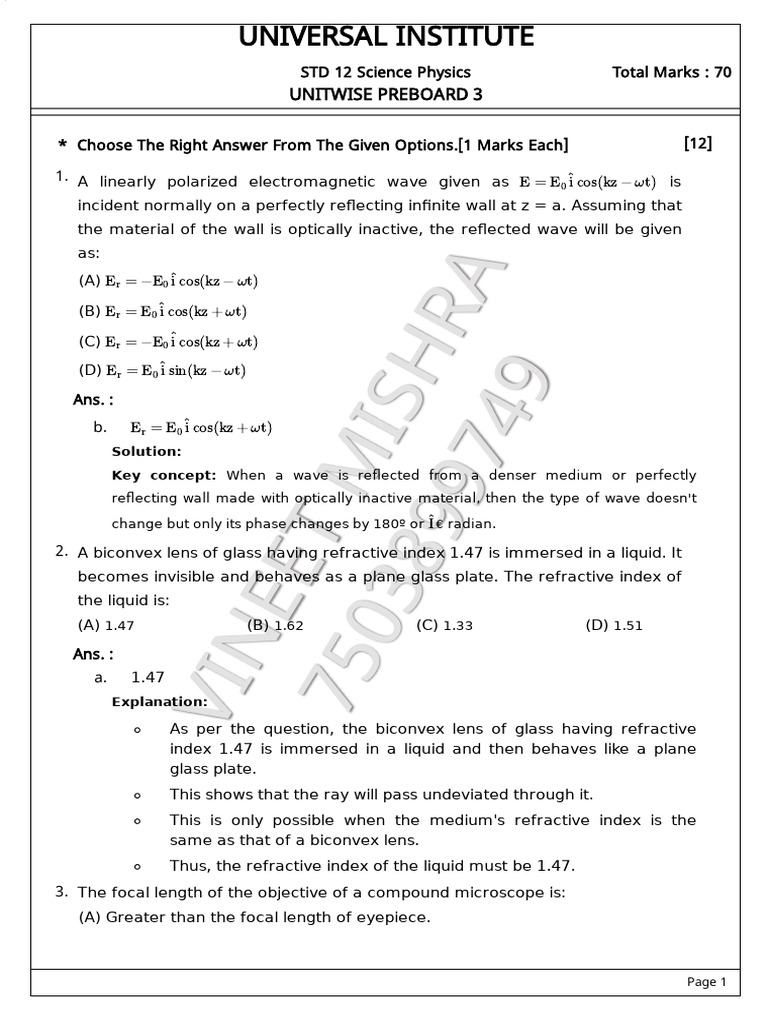 UNITWISE PREBOARD 3_solution | PDF | Electromagnetic Radiation | Angular Resolution