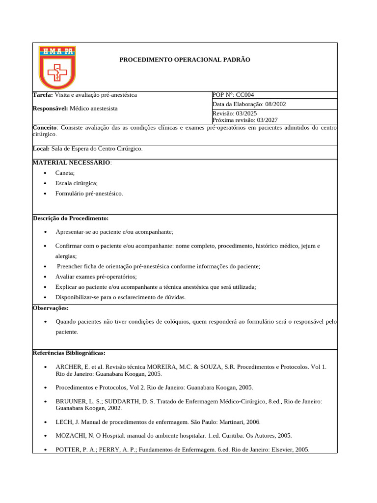 POP CC004 Visita Pre Anestesica | PDF