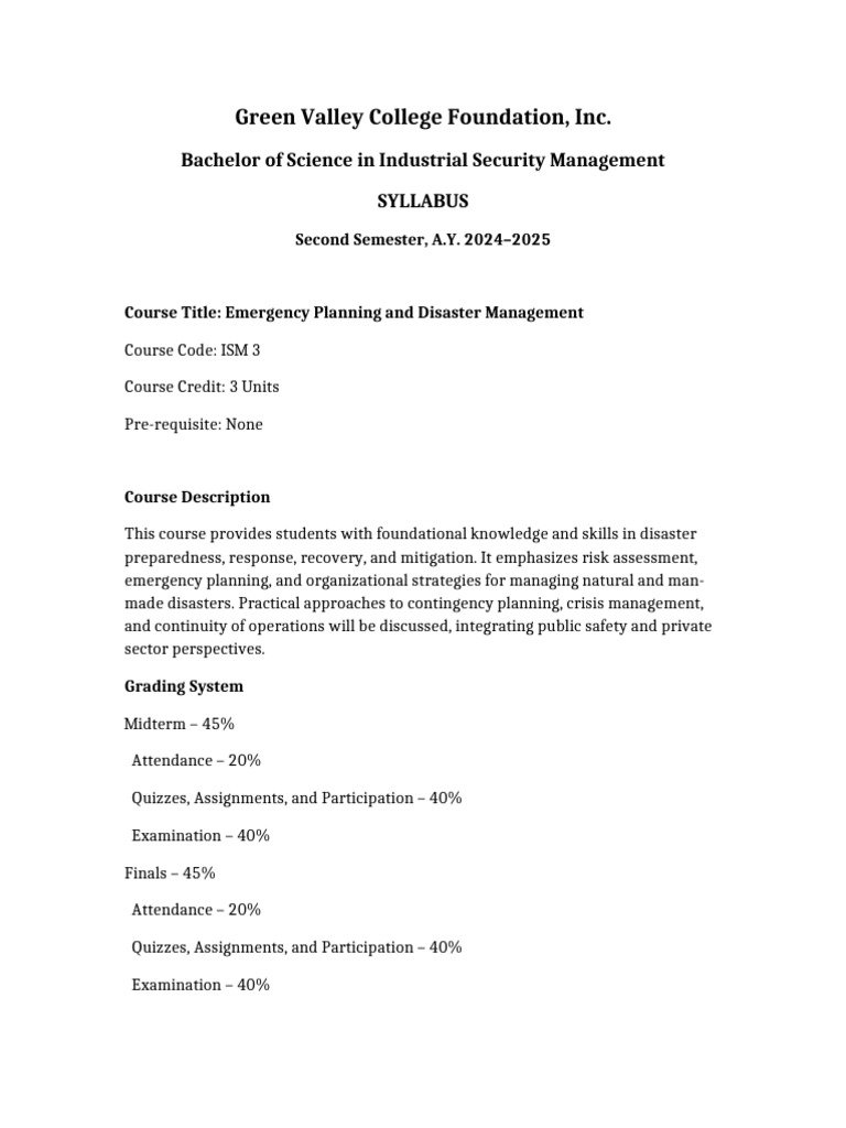 Emergency Planning Disaster Management Syllabus | PDF