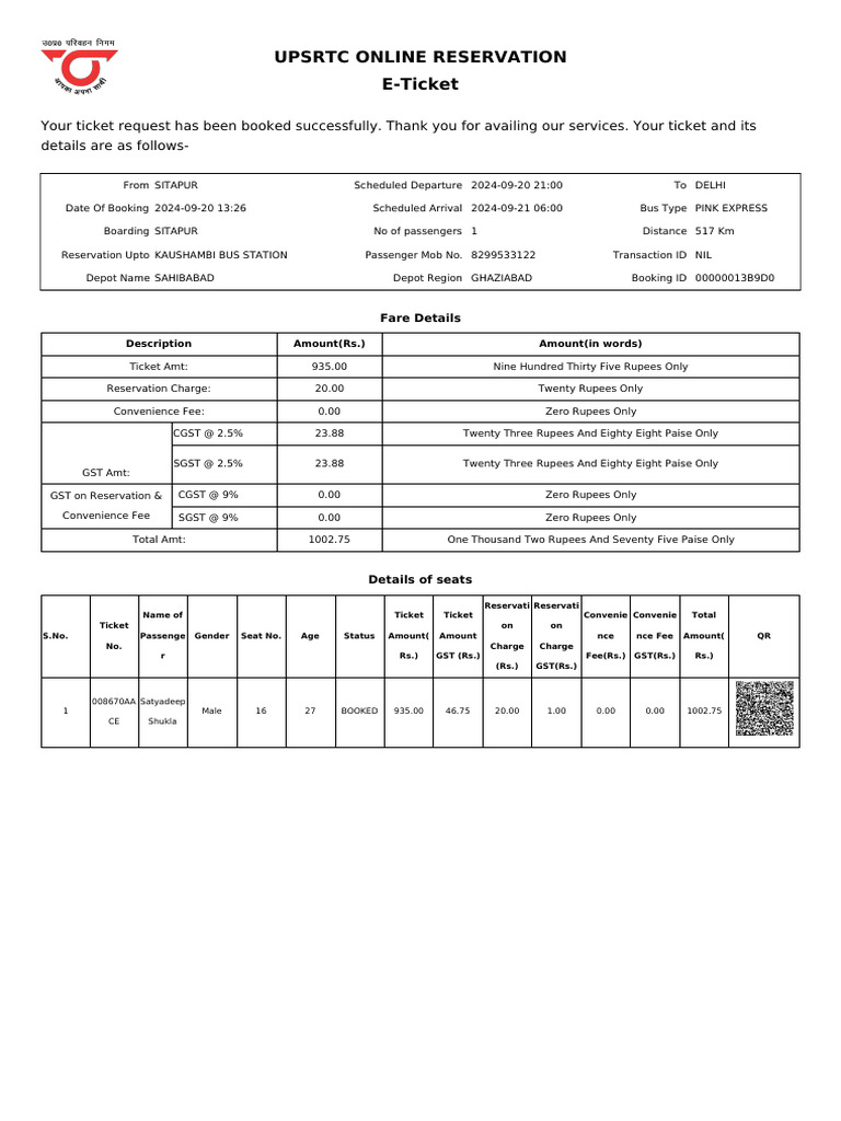 Upsrtc Online Reservation E-Ticket | PDF | Transport | Public Transport