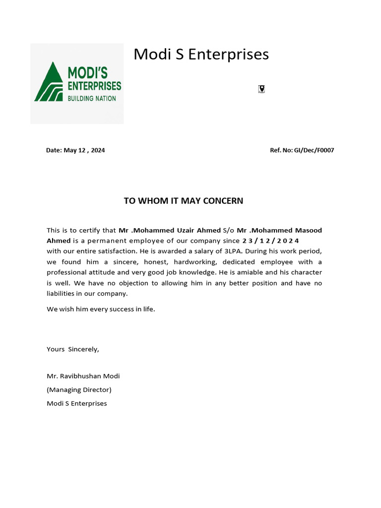 Modi S Enterprises Certificate | PDF