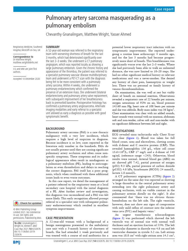 Pulmonary Artery Sarcoma Masquerading As A Pulmonary Embolism | PDF ...