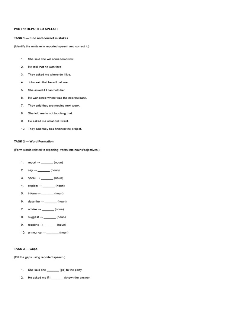 Reported Speech Exercises and Answers | PDF | Noun | Adjective