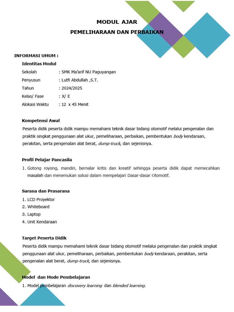 Modul Ajar Dasar Dasar Otomotif Kelas X TKR Lutfi Abdullah | PDF