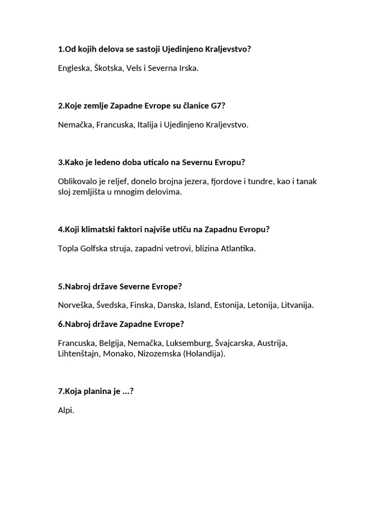 Geografija Pitanja I Odgovori Ispit 7. Razred Osnovne Škole | PDF