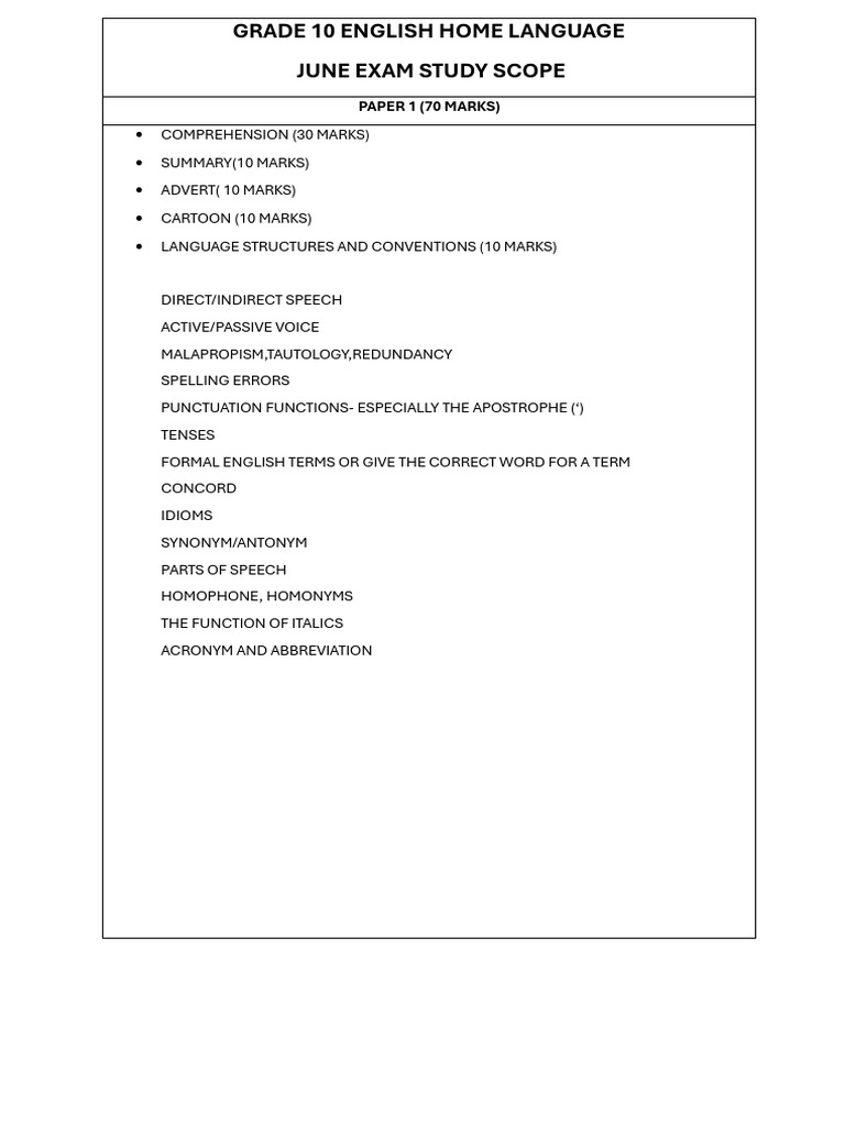 Grade 10 English June Exam Scope | PDF