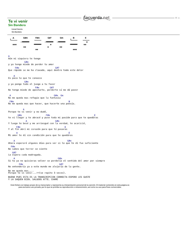 Letra de "Te Vi Venir" - Sin Bandera | PDF