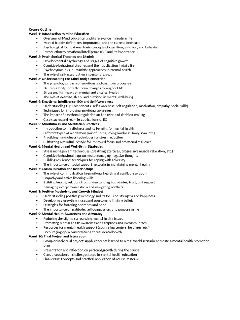 Course Outline Mind Education | PDF | Mental Health | Mindfulness
