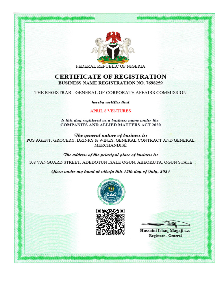 Certificate - April 8 Ventures | PDF