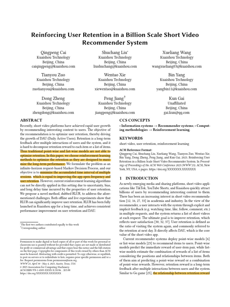 Reinforcing User Retention in a Billion Scale Short Video Recommender System | PDF | Probability ...