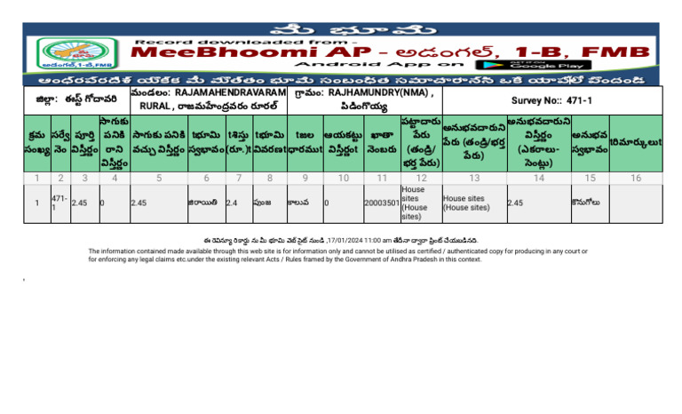 17-Jan-2024 - Meebhoomi 1-బి అడంగల్43 | PDF