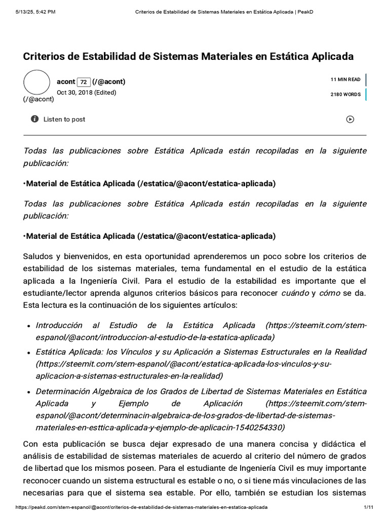 4criterios de Estabilidad de Sistemas Materiales en Estática Aplicada | PDF | Física ...