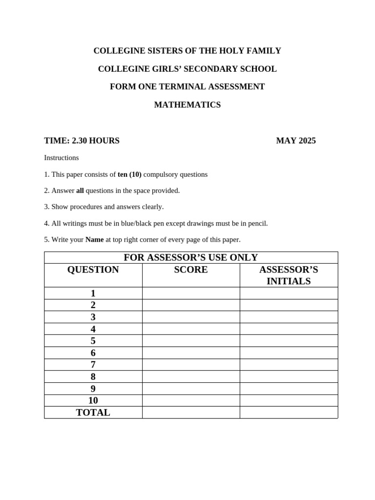 Form One Maths Terminal Assessment May 2025 | PDF | Mathematics ...