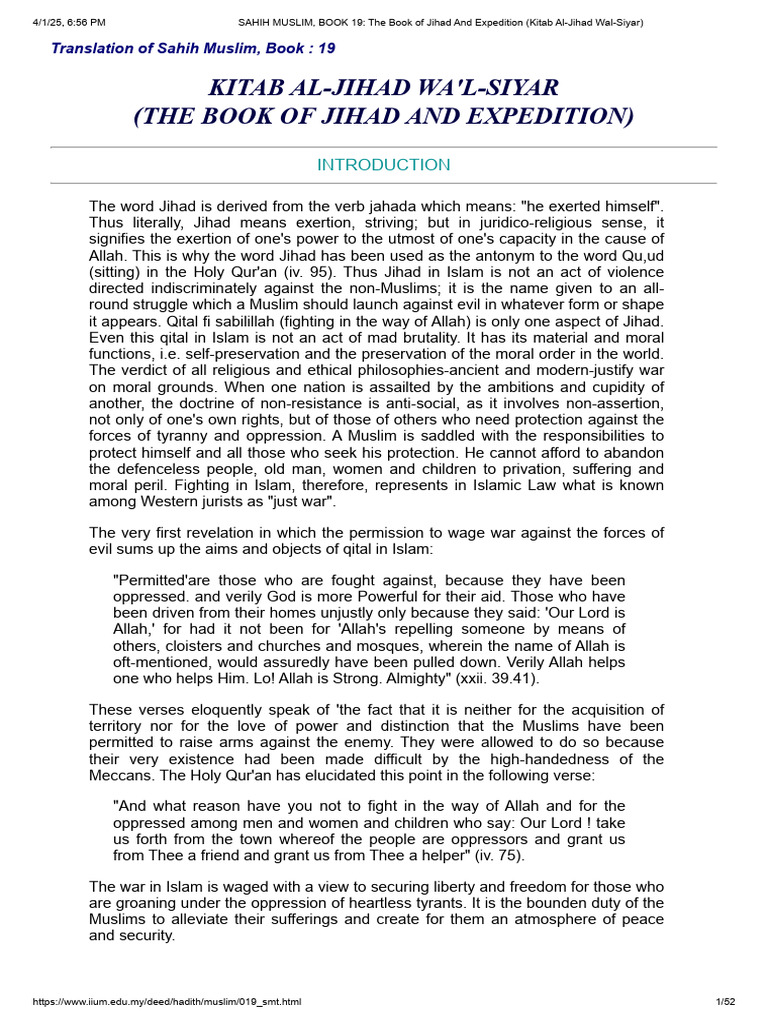 SAHIH MUSLIM, BOOK 19 - The Book of Jihad and Expedition (Kitab Al-Jihad Wal-Siyar) | PDF ...