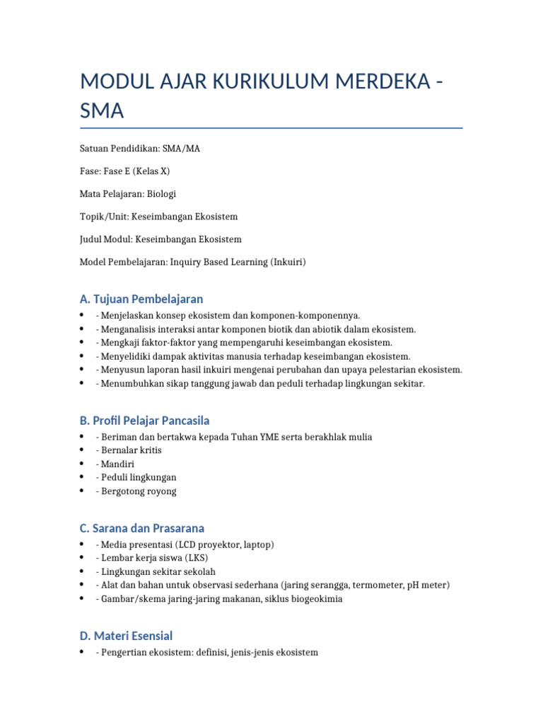 Modul Ajar Keseimbangan Ekosistem SMA | PDF