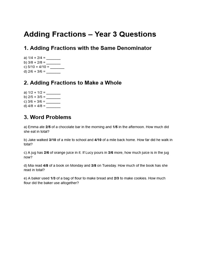 Year 3 Adding Fractions Worksheet | PDF