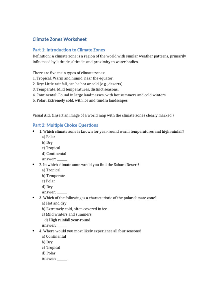 Climate Zones Worksheet for Students | PDF | Temperate Climate | Tropics