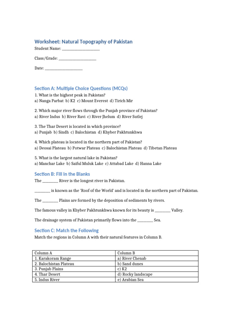 Natural Topography of Pakistan Worksheet | PDF | Indus River | Physical ...