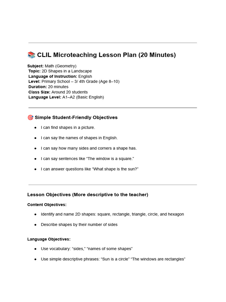 ? CLIL Microteaching Lesson Plan | PDF | Shape | Human Communication