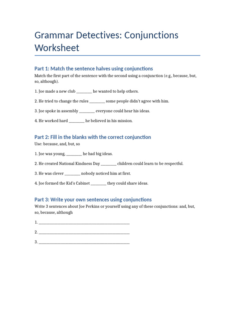 Grammar Detective Conjunctions Worksheet | PDF