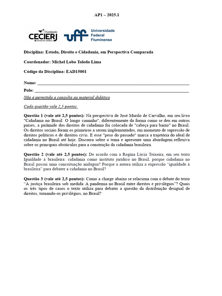 AD1 ESTADO, DIREITO E CIDADANIA - 2025.1 | PDF