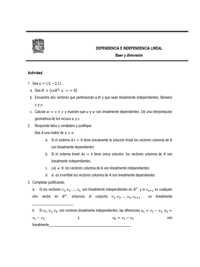 Taller Ind Lin y Bases | PDF | Espacio vectorial | Base (álgebra lineal)