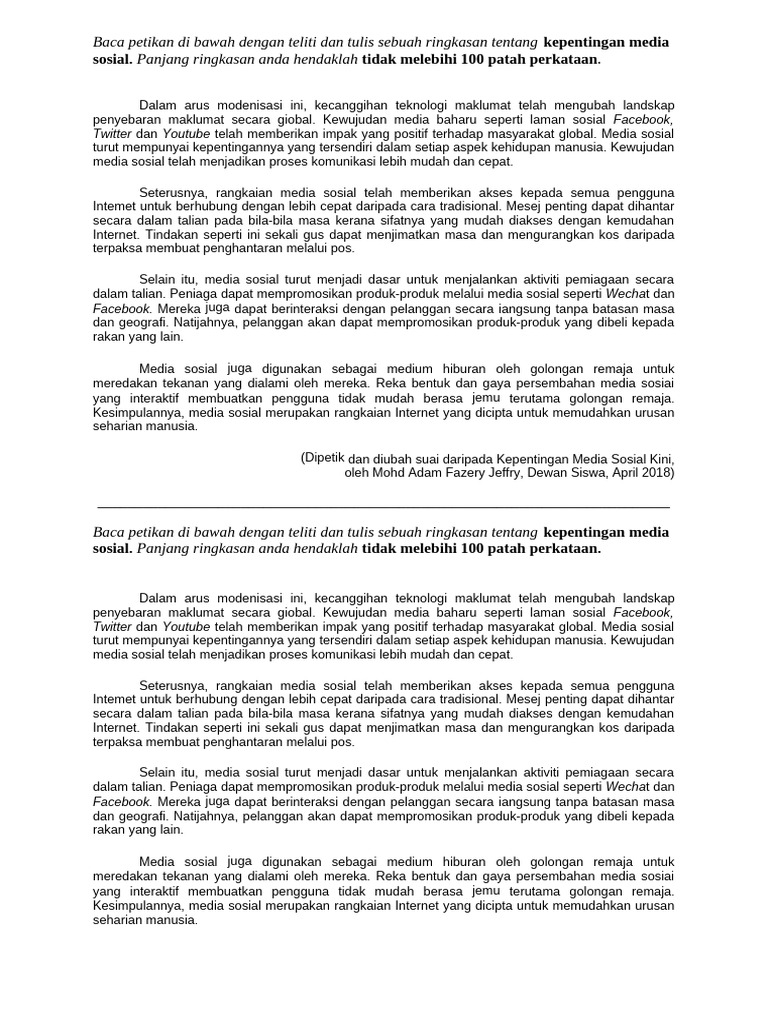 Baca Petikan Di Bawah Dengan Teliti Dan Tulis Sebuah Ringkasan Tentang | PDF