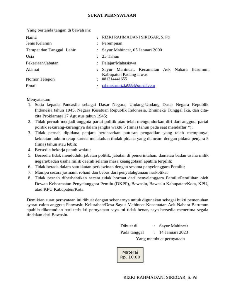 Form Surat Penyataan | PDF