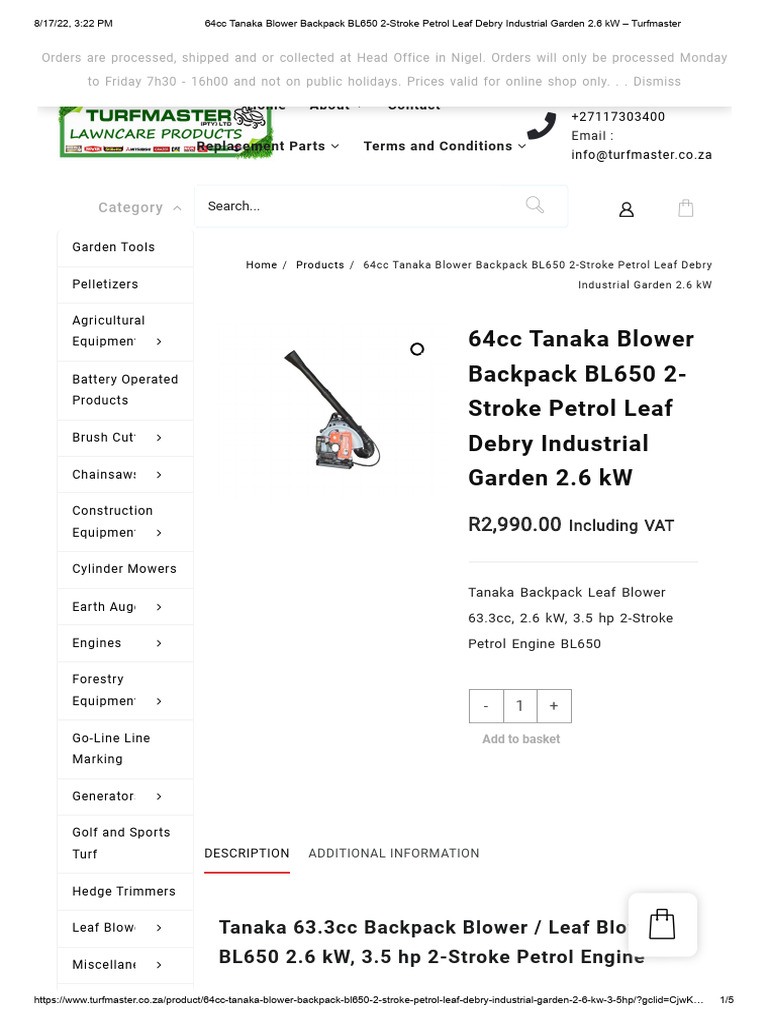 64cc Tanaka Blower Backpack BL650 2-Stroke Petrol Leaf Debry Industrial ...