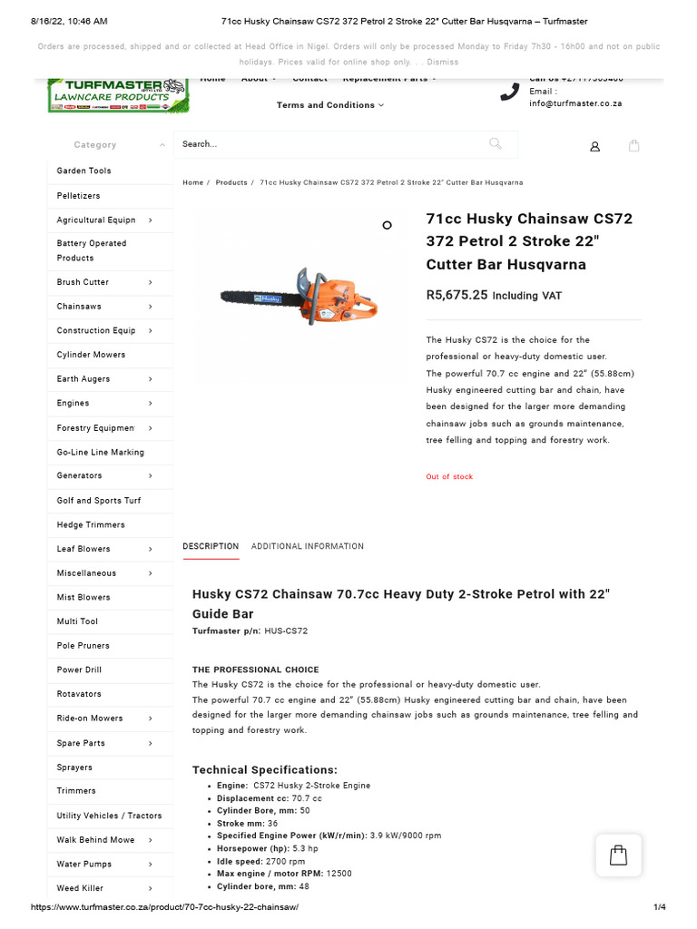 71cc Husky Chainsaw CS72 372 Petrol 2 Stroke 22 Cutter Bar Husqvarna ...