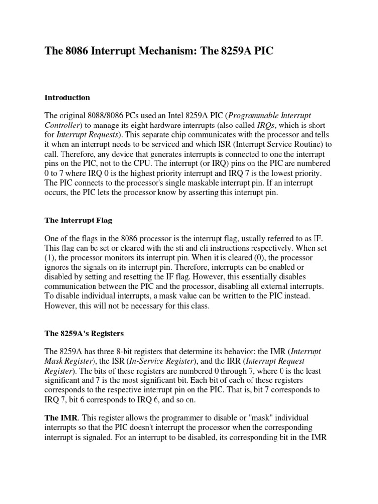 The 8086 Interrupt Mechanism: The 8259A PIC | PDF | Central Processing Unit | Pic Microcontroller