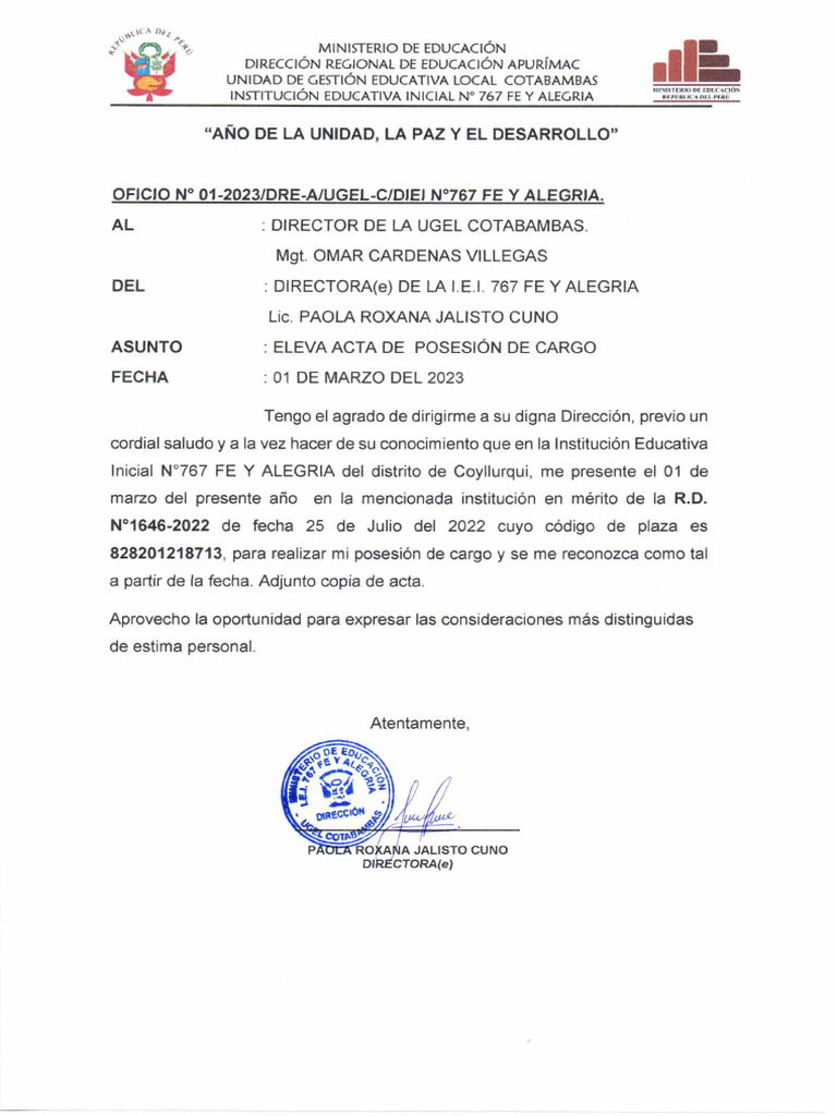 Acta de Posicion de Cargo - Paola Jalisto Cuno | PDF