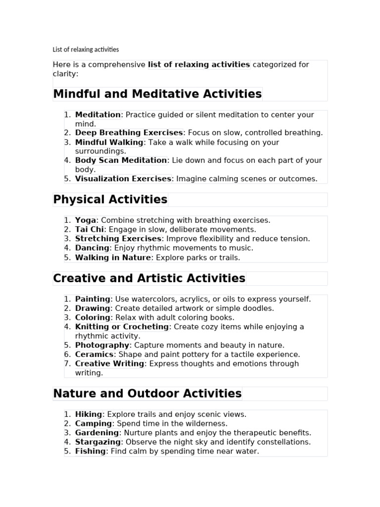 Comprehensive List of Relaxing Activities | PDF | Meditation