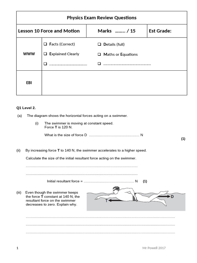 Lesson 10 Force and Motion Exam Questions | PDF | Force | Drag (Physics)