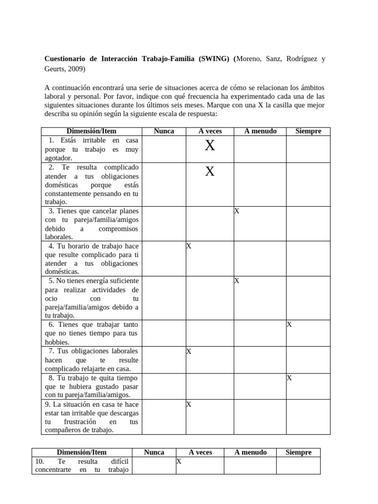 Cuestionario Swing Trabajo Y Familia Pdf
