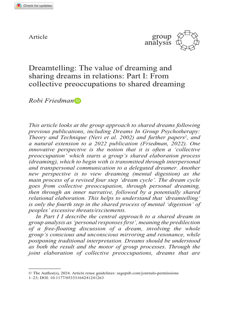 Friedman 2024 Part 1 Dreamtelling The Value of Dreaming and Sharing Dreams in Relations Part I ...