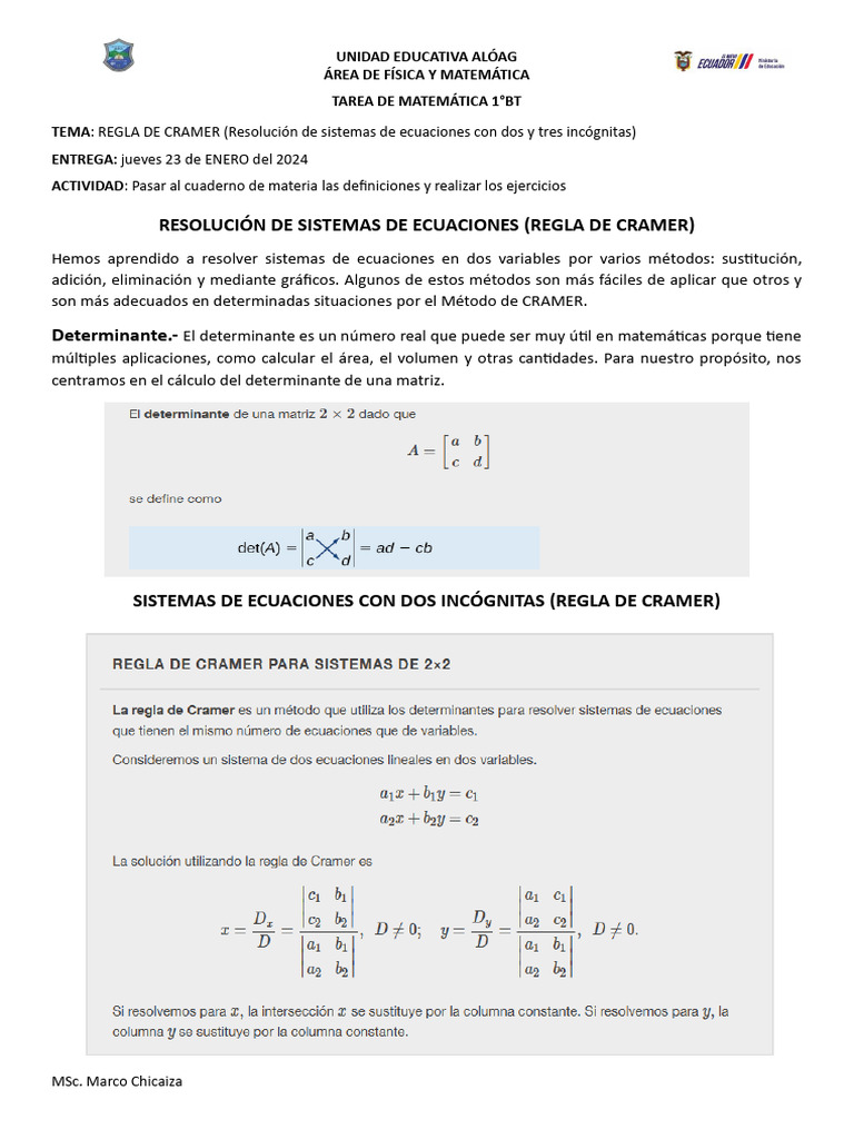 Tarea de Matemática REGLA DE CRAMER (2 y 3 Incógnitas) | PDF ...