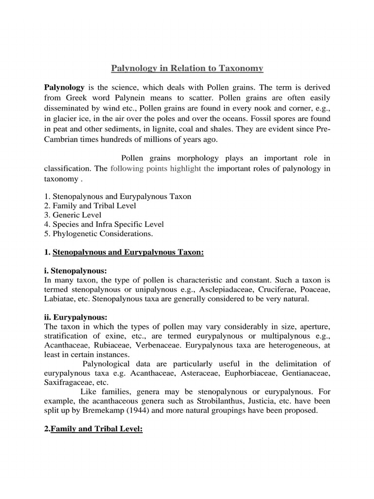 Palynology In Relation To Taxonomy Pdf
