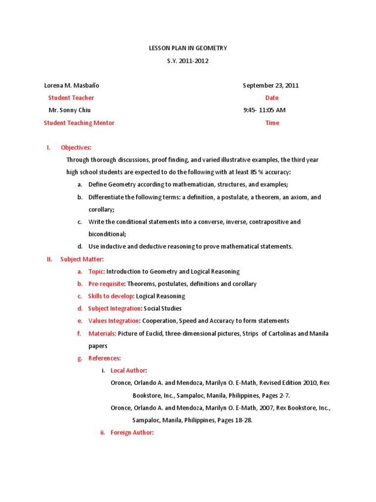 LESSON PLAN in Geometry | PDF | Theorem | Inductive Reasoning