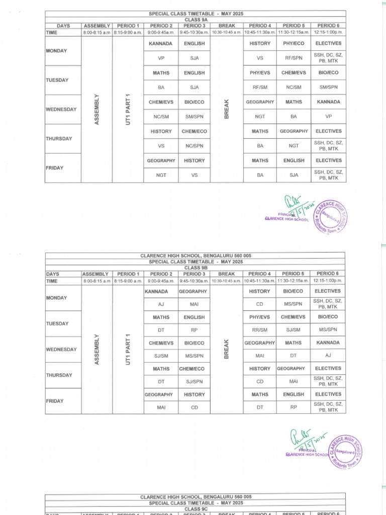 Revised Special Classes Timetable, May, 2025 | PDF