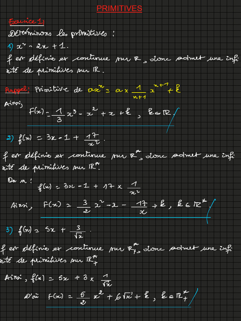Correction Des Exercices 1 Et 2 de La Série Sur Primitive Et Intégral | PDF
