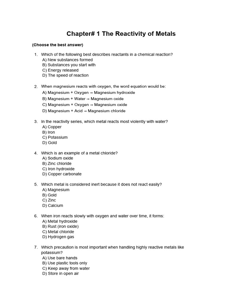 Reactivity of Metals: Key Concepts & Questions | PDF | Magnesium ...