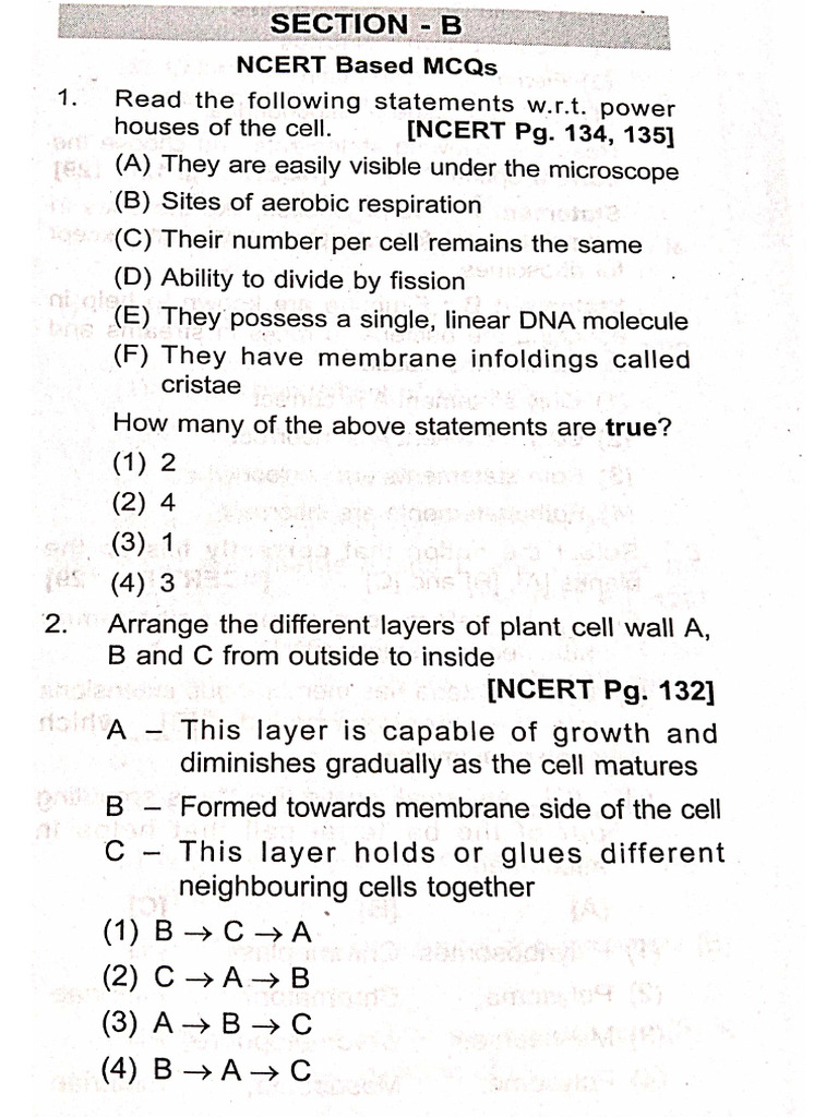 Ncert Based Questions Cell Biology | PDF