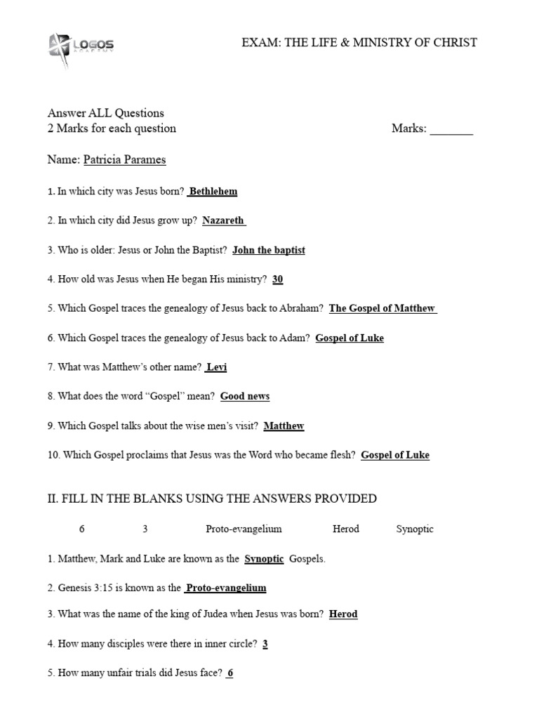 Exam on the Life of Christ | PDF | Jesus | Gospels