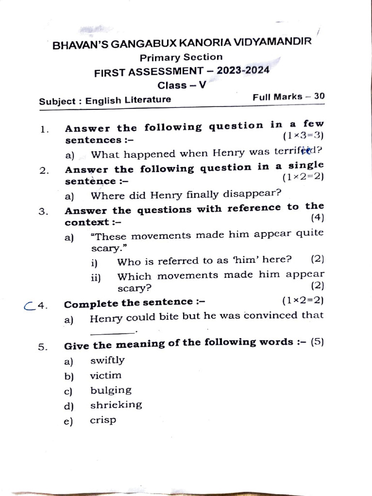 Class 5 1st Term Question Paper | PDF